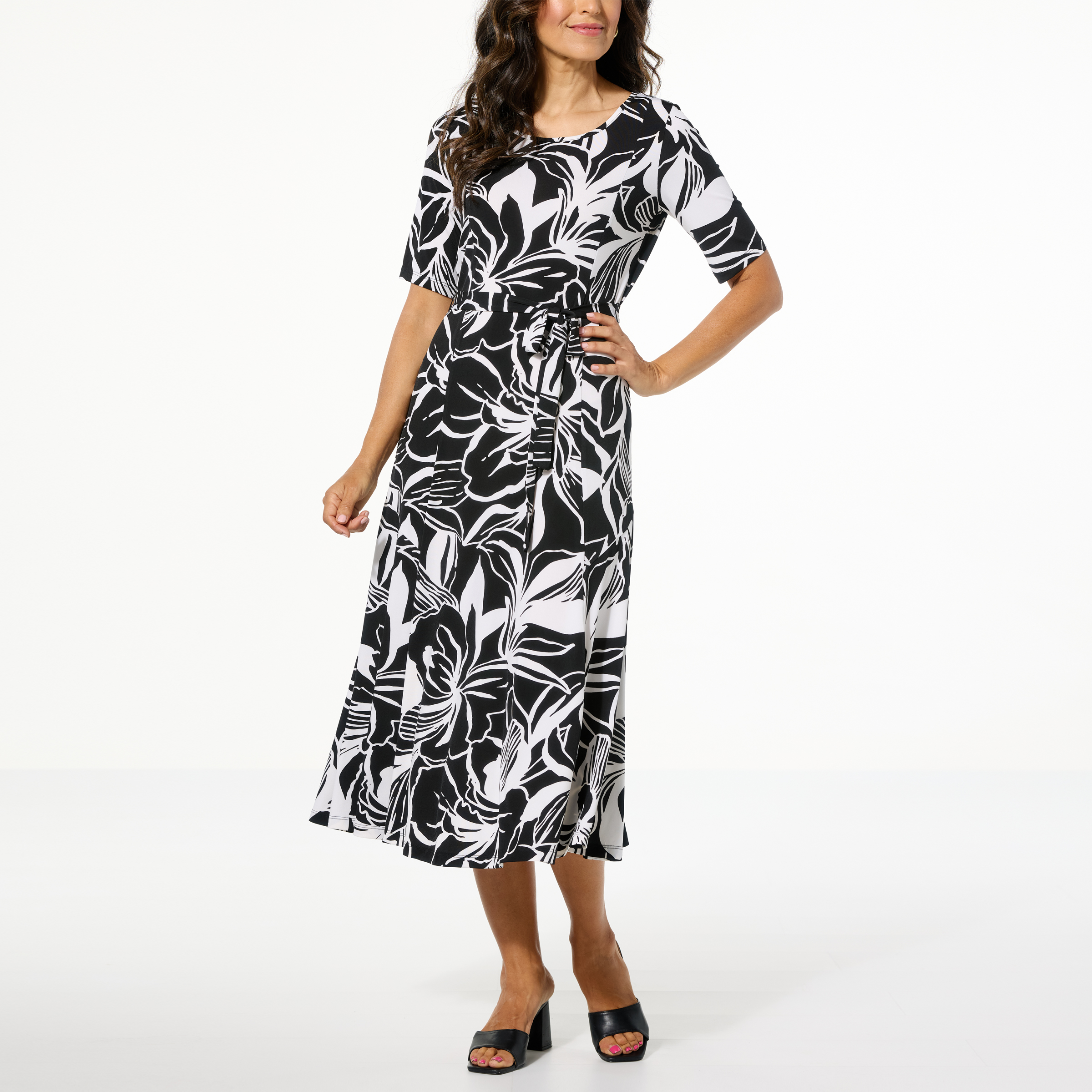 Nina Leonard Sylvia Printed Elbow Sleeve Midi Dress - 22658011 | HSN