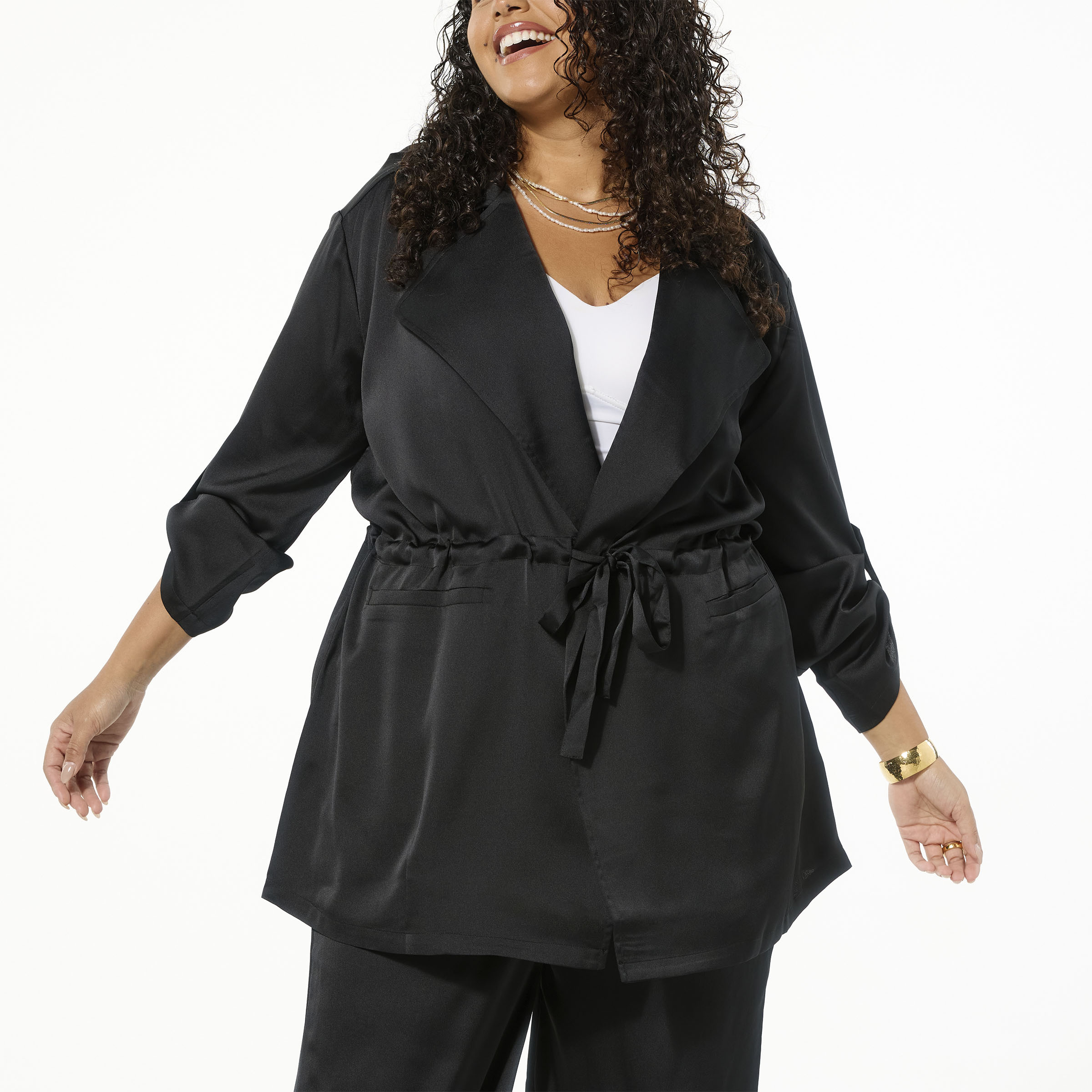 Nina Leonard Hammered Satin Drawstring Waist Jacket | HSN