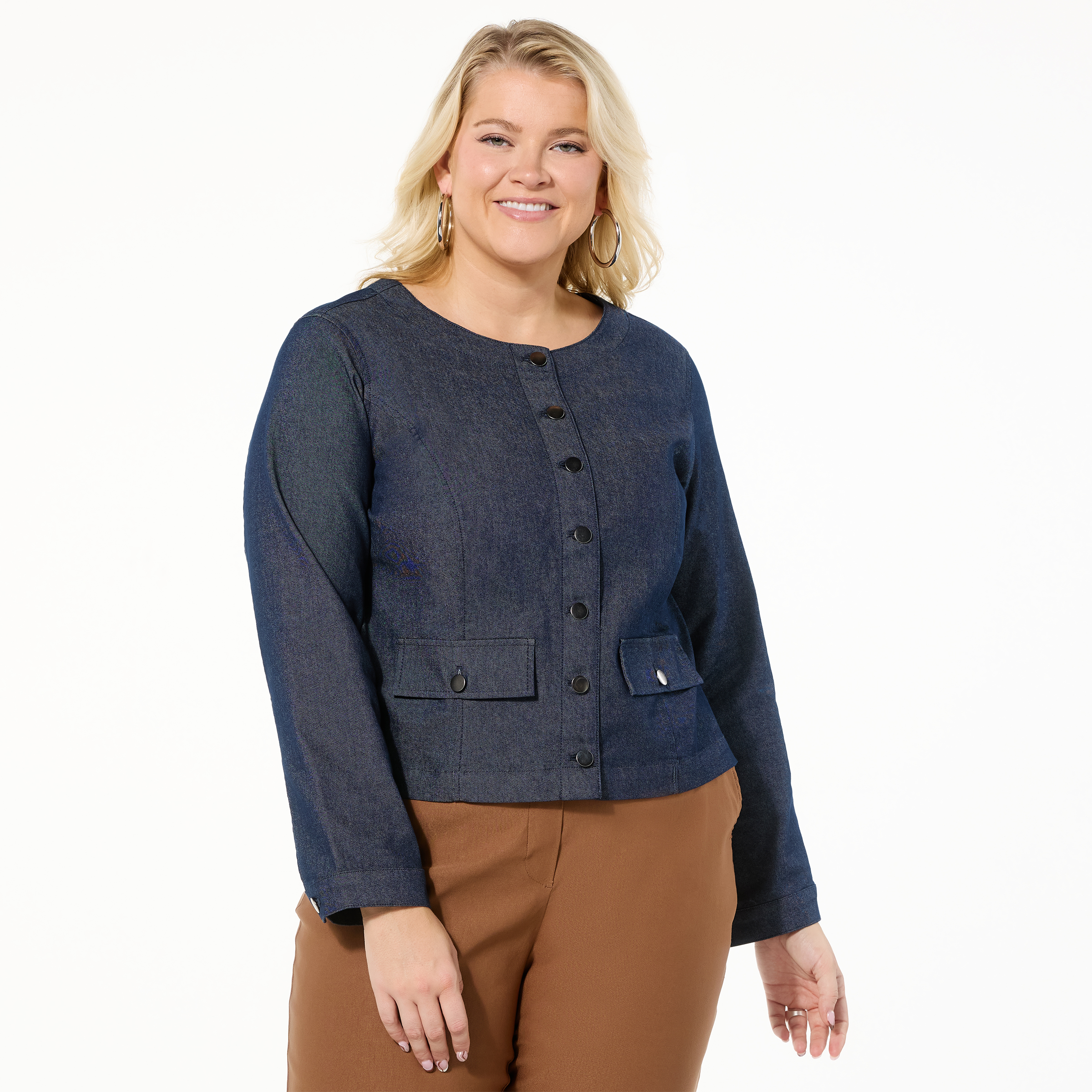 Nina Leonard Denim Twill Jacket with Faux Pockets | HSN