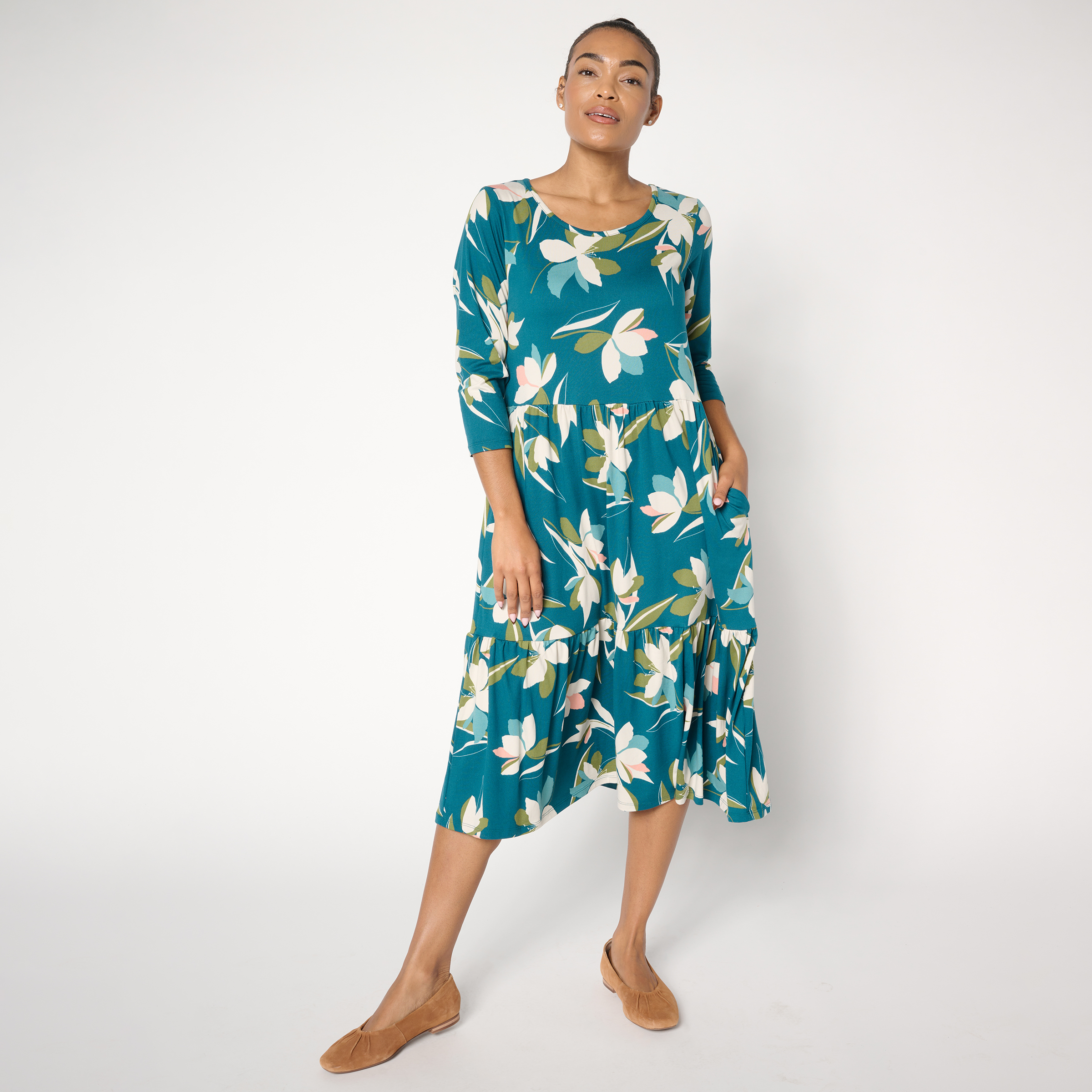 Comfort Code Stretch Jersey Knit Tiered Hem Midi Lounge Dress | HSN