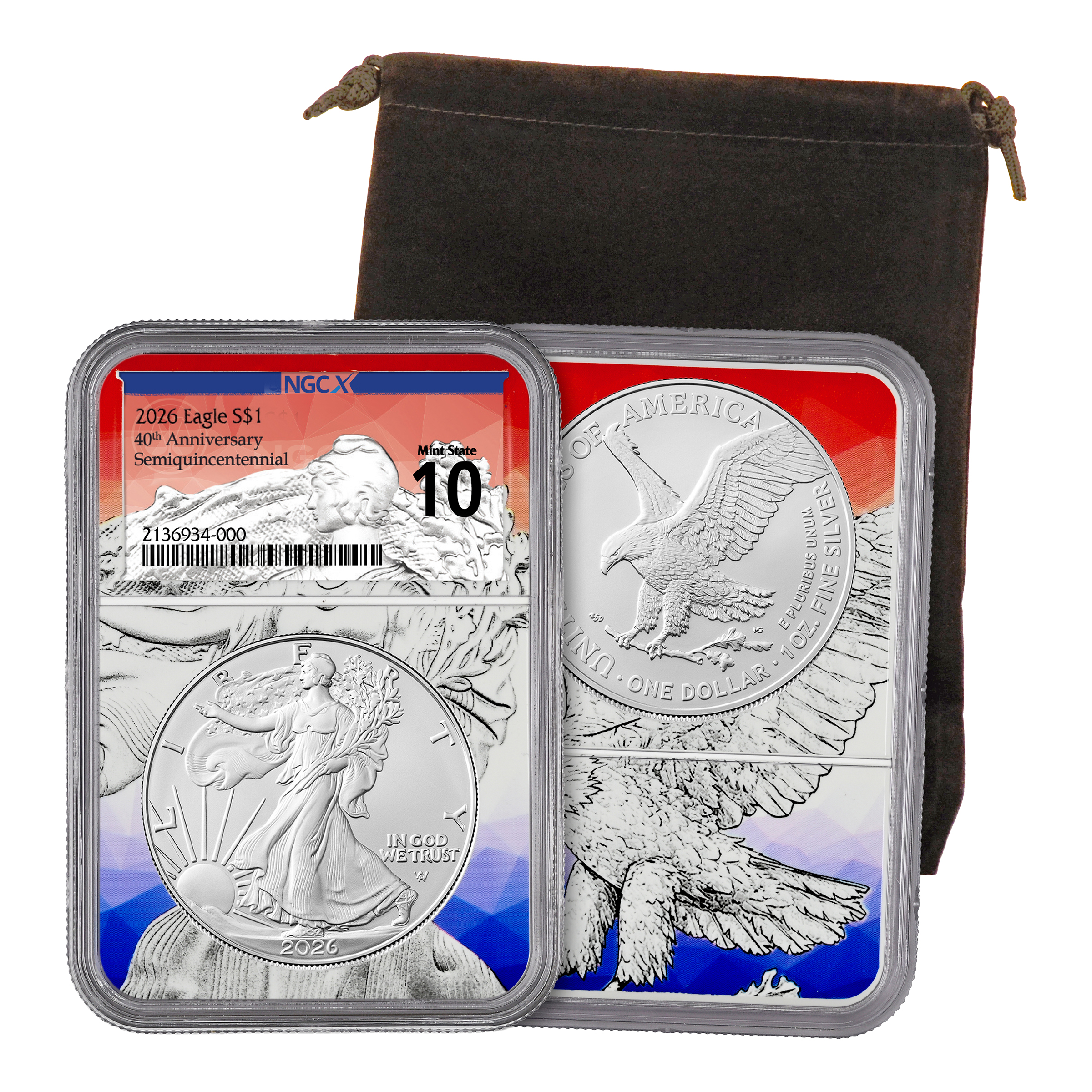 2026 MS70 NGC 40th Anniversary Silver Eagle with Red, White, Blue Core ...