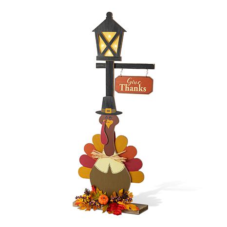 Glitzhome 36"H Thanksgiving Lighted Wood Turkey Lamp Post Porch Decor | HSN