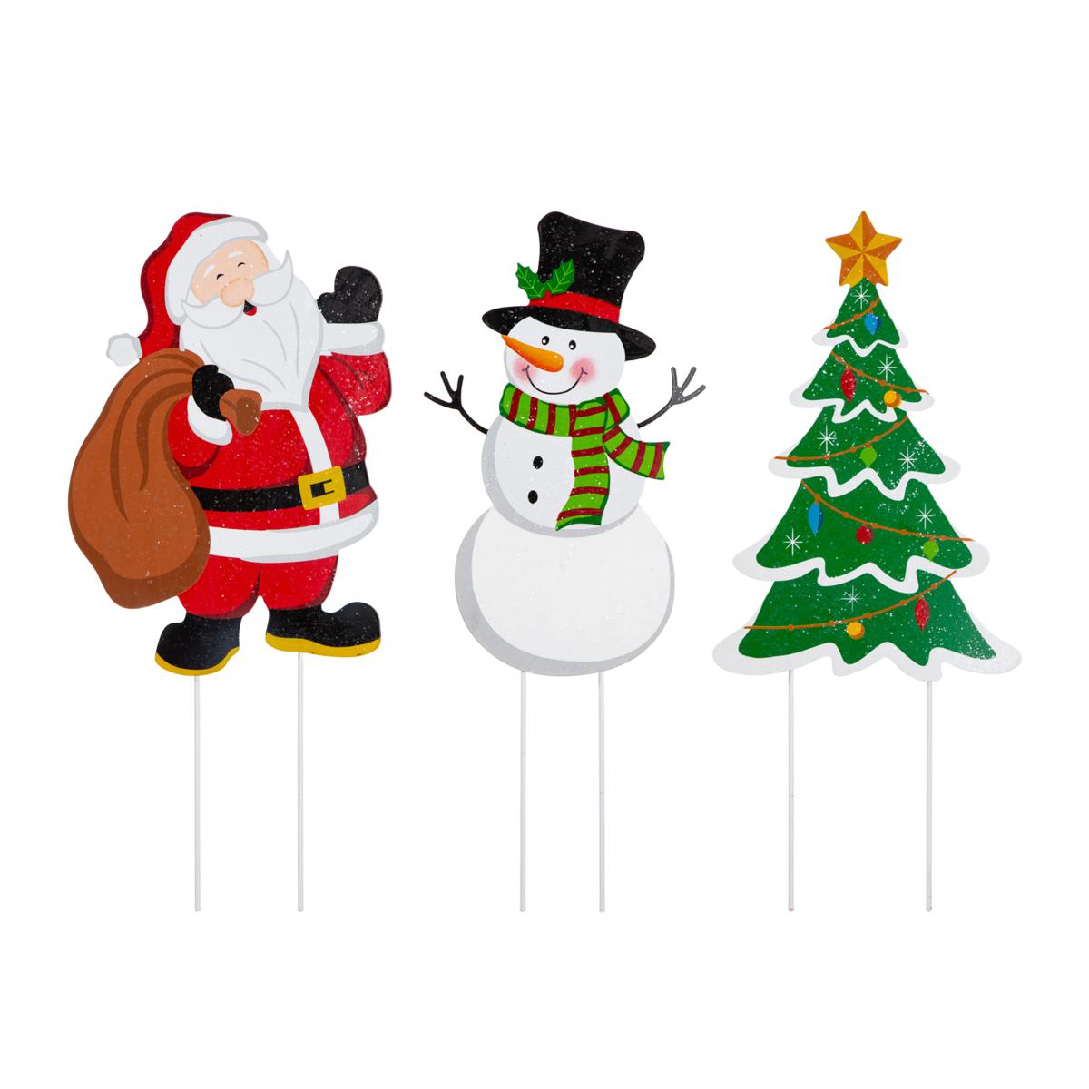 Glitzhome 24" 3-pc Metal Santa, Snowman, Tree Yard Stake or Wall Decor ...
