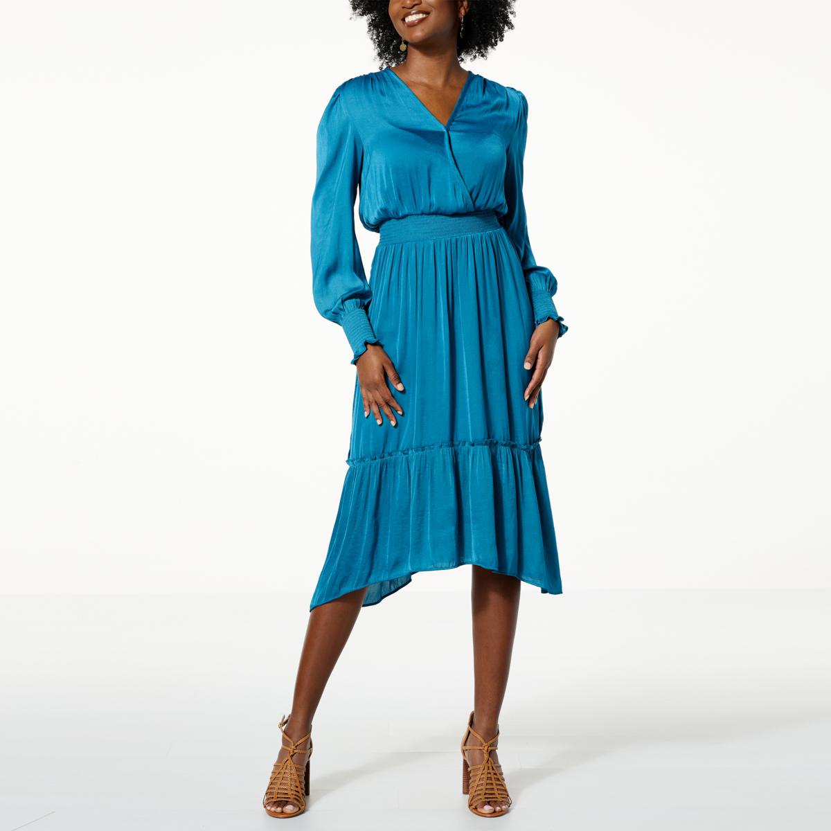 G by Giuliana Black Label Satin Faux Wrap Midi Dress | HSN