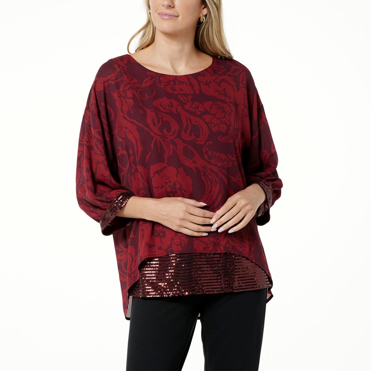 Colleen Lopez Mixed Media Sequin Trim 3/4-Sleeve Top - 21036877 | HSN