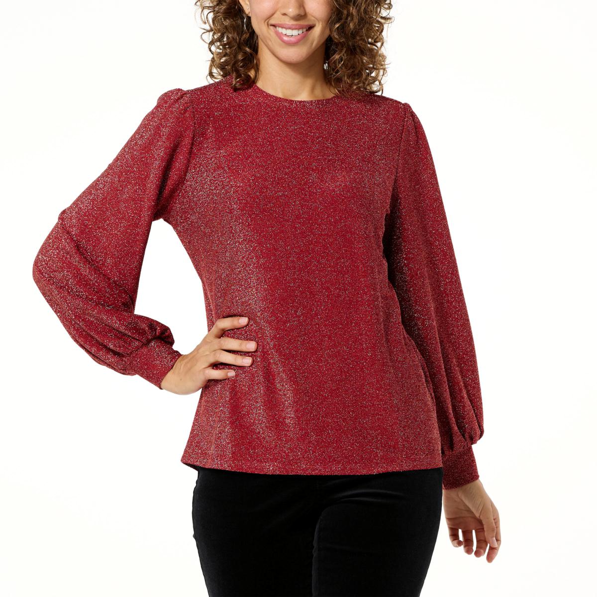 DG2 by Diane Gilman Metallic Knit Puff-Sleeve Top - 21490156 | HSN