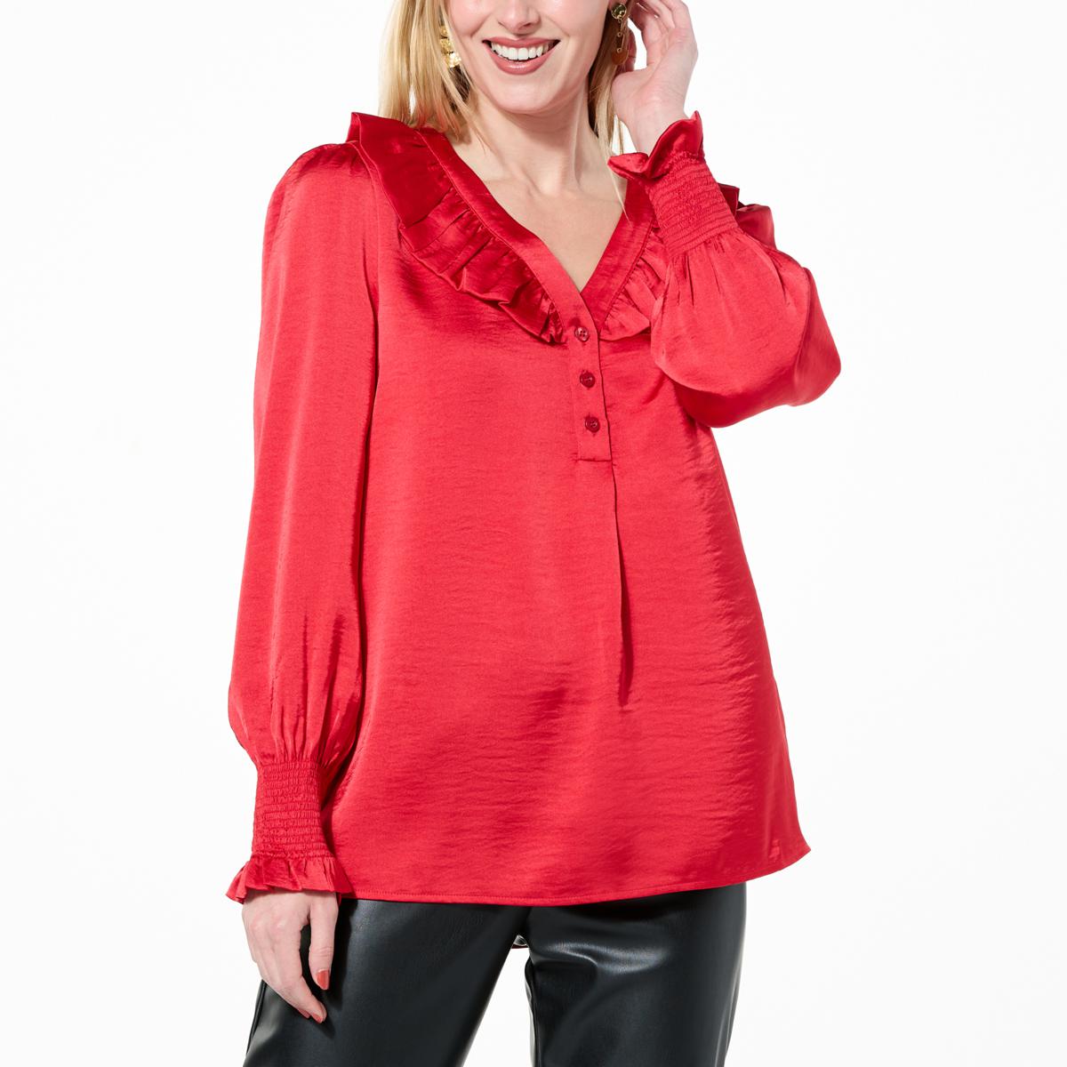 C Wonder Washed Satin Ruffle Front Blouse - 21881450 | HSN