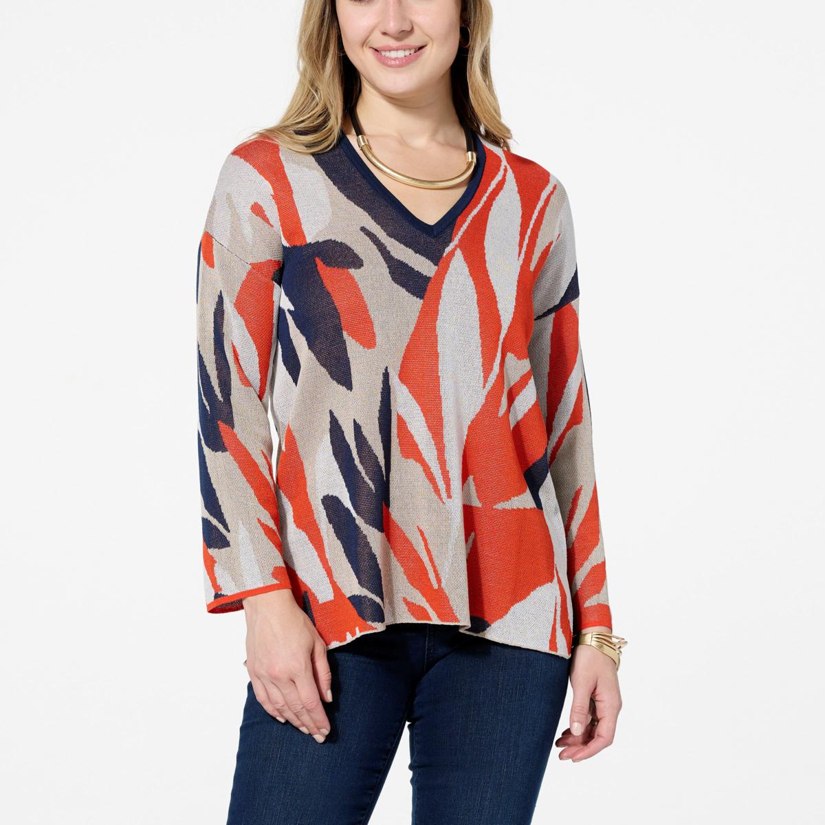 WynneCollection Jacquard Patterned Knit V-Neck Sweater - 22074190 | HSN