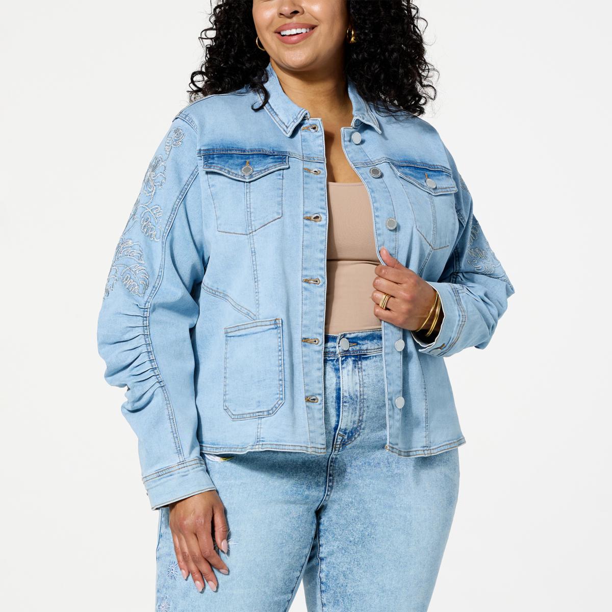 DG2 by Diane Gilman New Classic Stretch Denim Embellished Jean Jacket ...