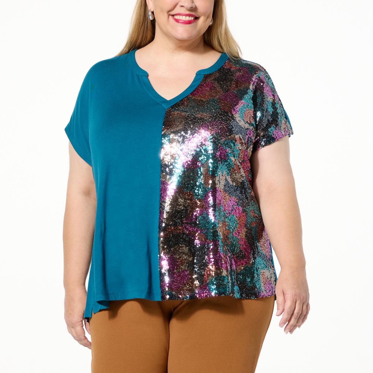 Colleen Lopez Mixed Media Sequin Detail Top | HSN
