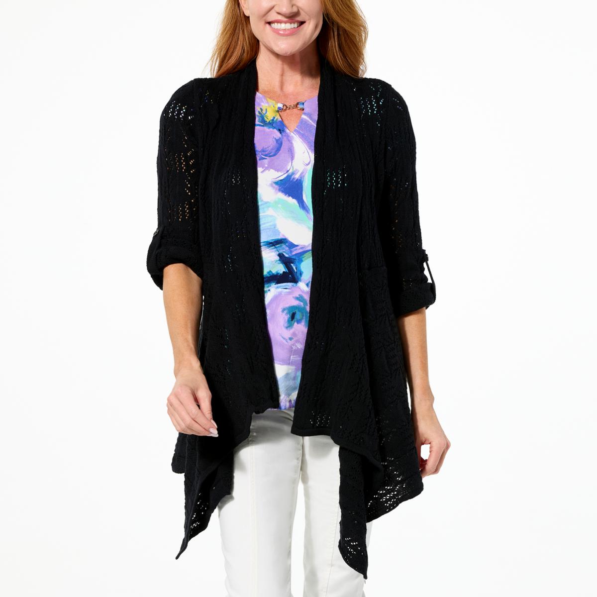 "As Is" Nina Leonard 3/4 Tab Sleeve Crochet Cardigan - 22957604 | HSN