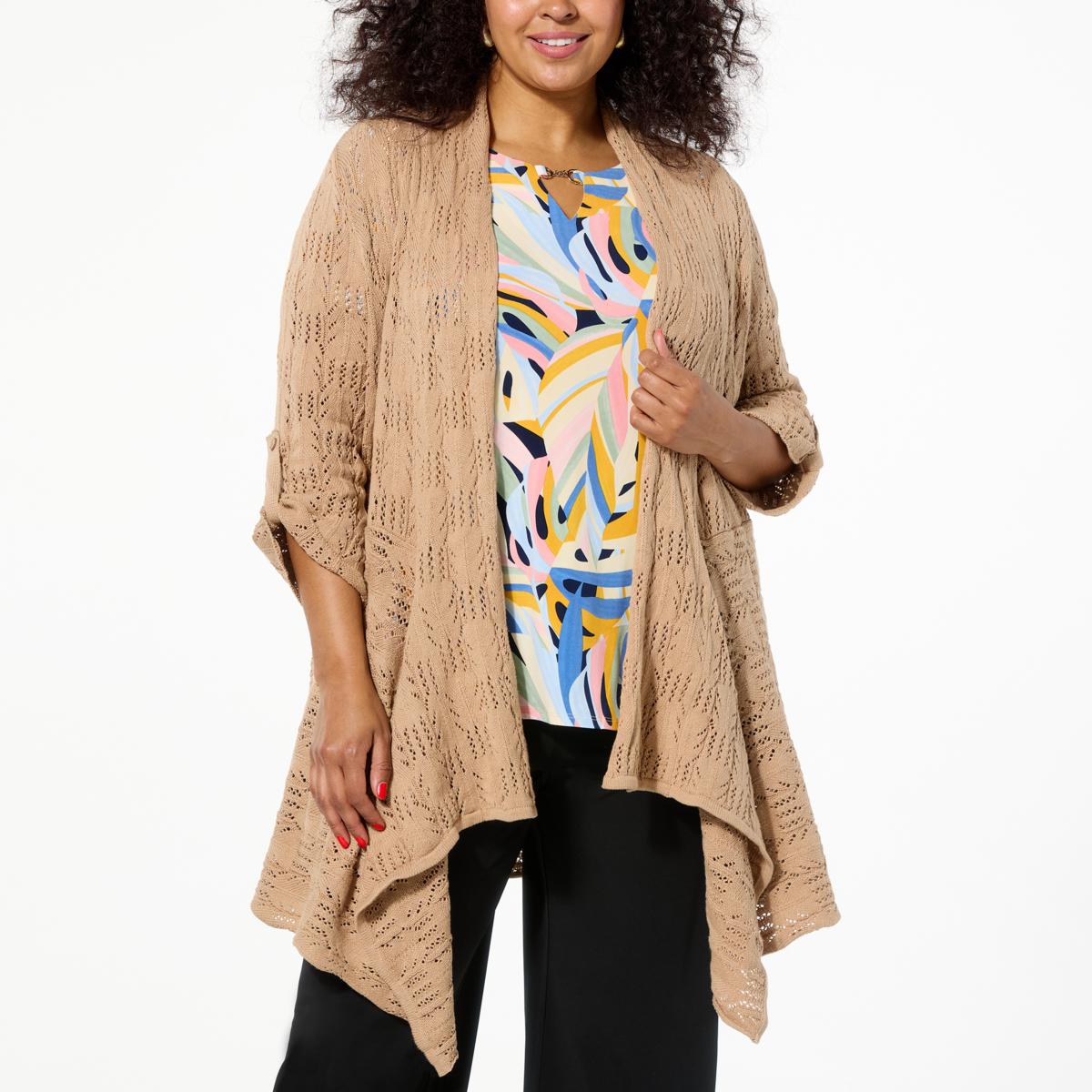 "As Is" Nina Leonard 3/4 Tab Sleeve Crochet Cardigan | HSN