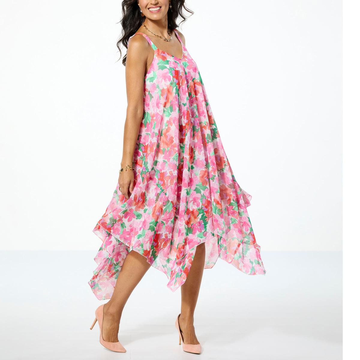 Nina Leonard Sleeveless Printed Chiffon Uneven Hem Dress | HSN