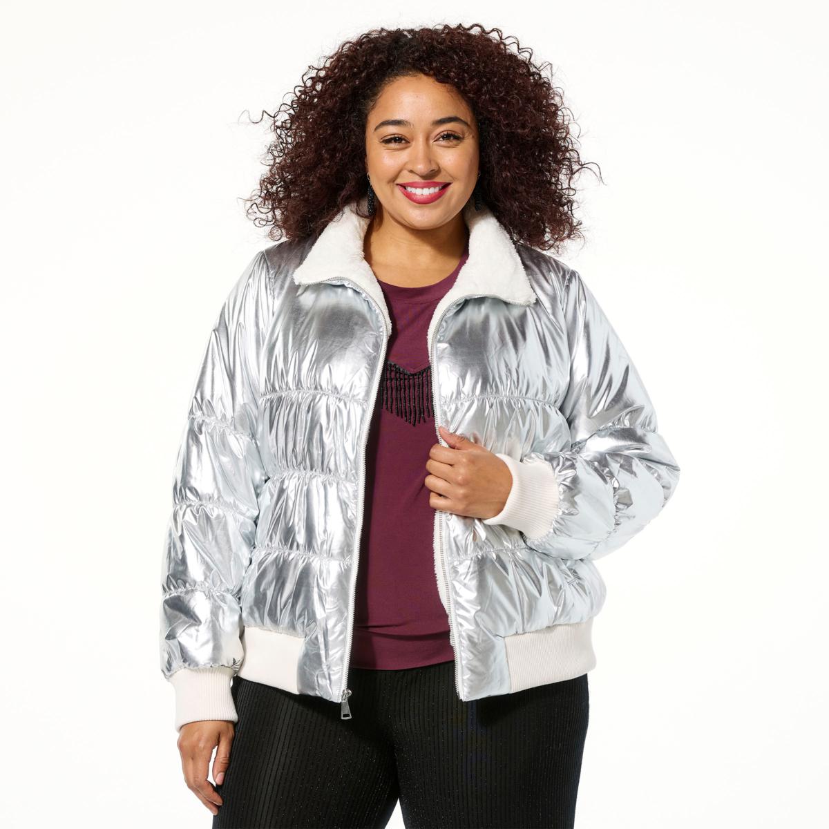 Colleen Lopez Metallic Puffer Jacket with Fleece Collar | HSN