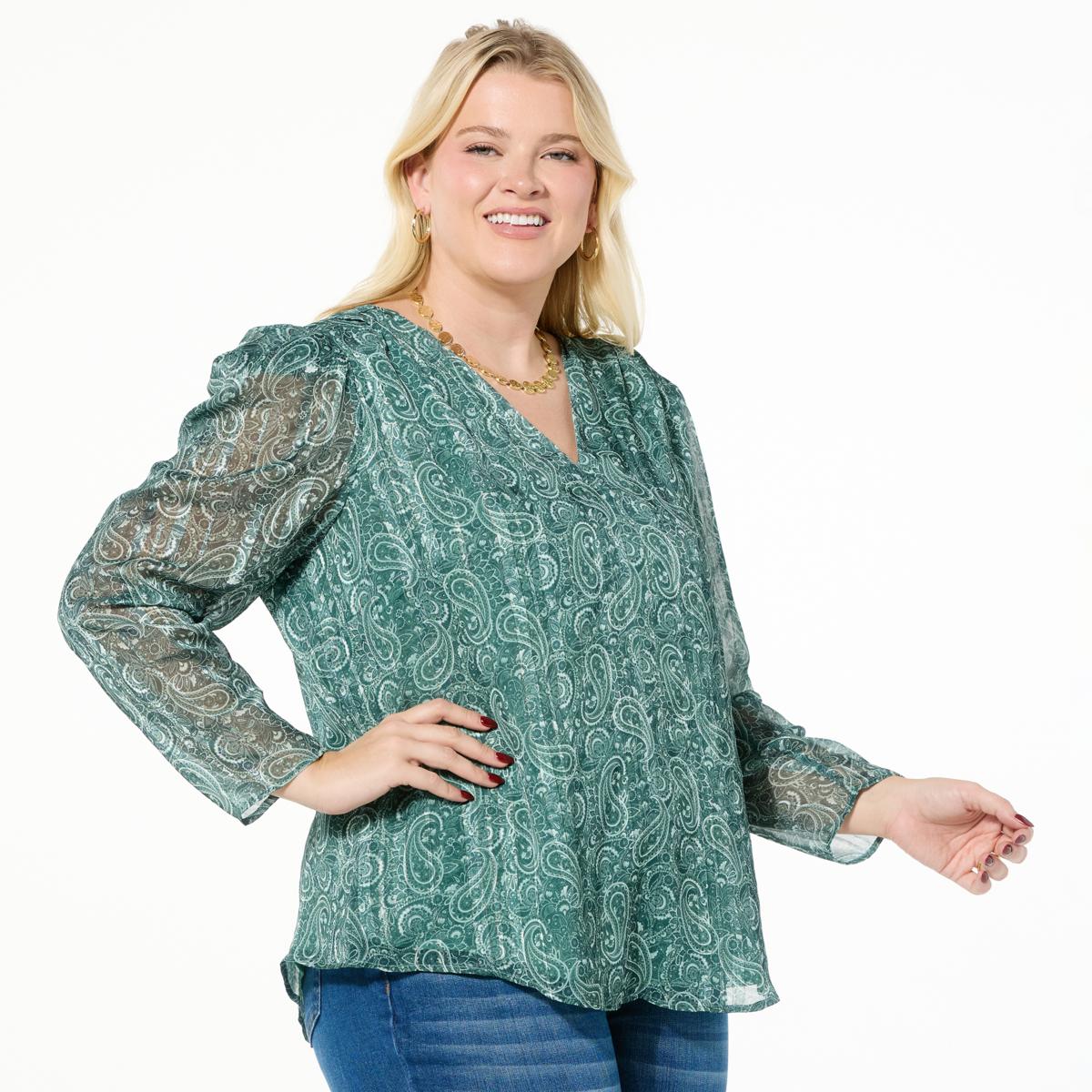 Jaclyn Smith Metallic Stripe Pleated V-Neck Blouse - 23307427 | HSN