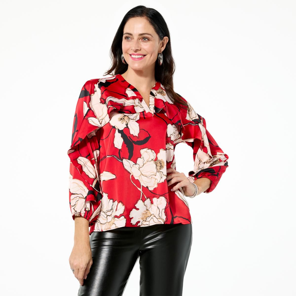 C Wonder by Christian Siriano Crepe Georgette Ruffle Sleeve Blouse ...