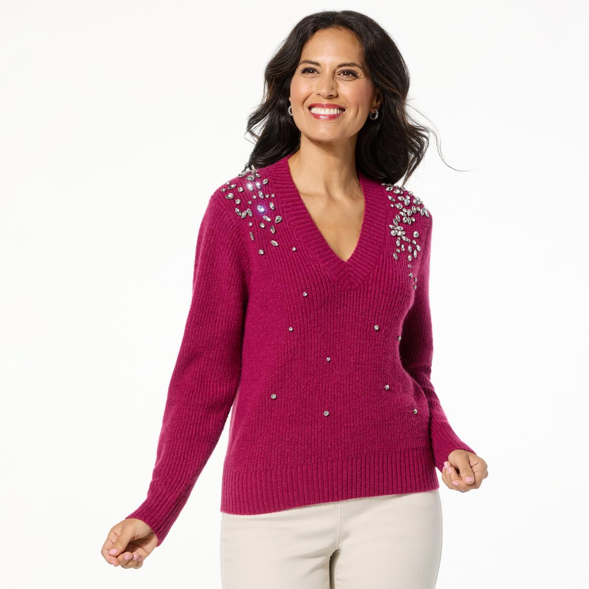 DG2 by Diane Gilman Rhinestone Embellished V-Neck Sweater - 23354153 | HSN