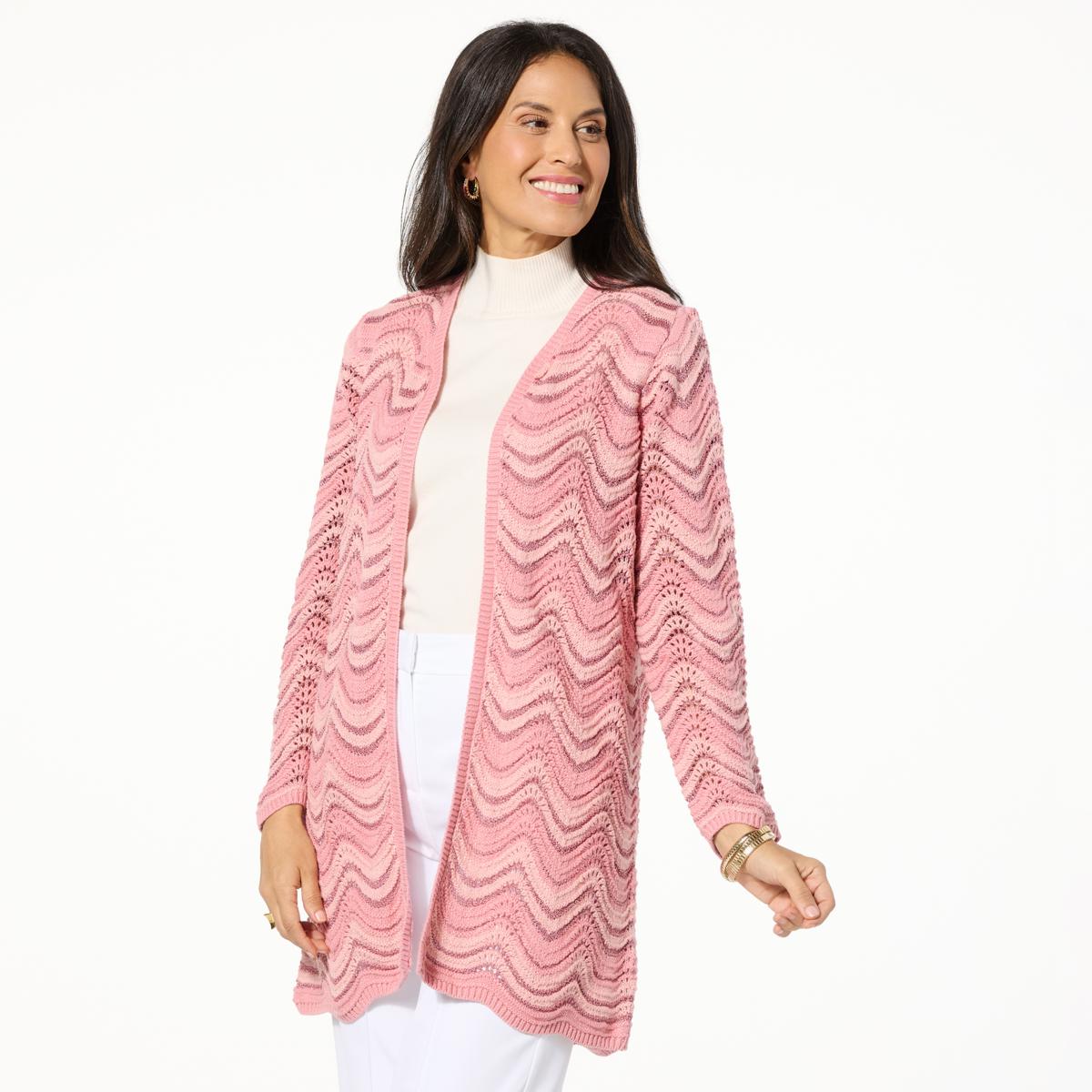 Jaclyn Smith Wavy Pointelle Metallic Knit Cardigan | HSN