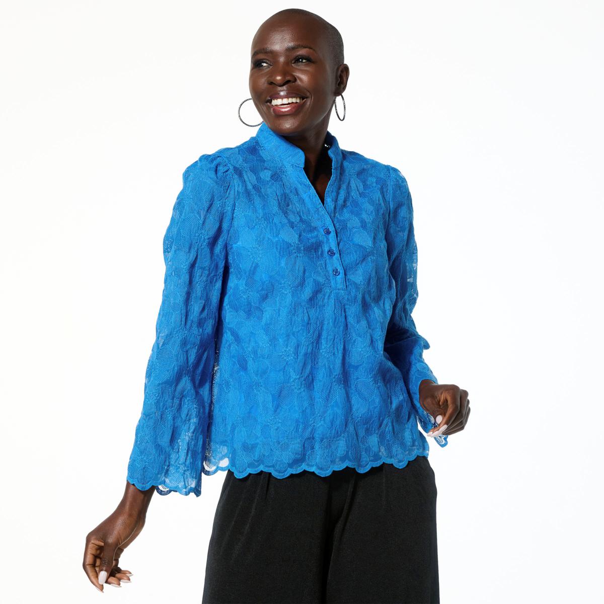 Jaclyn Smith Floral Lace Henley Blouse - 23398519 | HSN