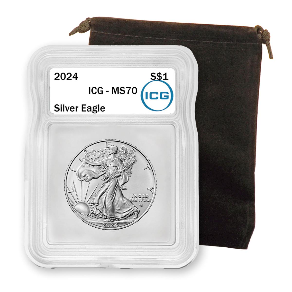 2024 MS70 ICG Silver Eagle Dollar Coin and 2-Coin Grading Certificate ...