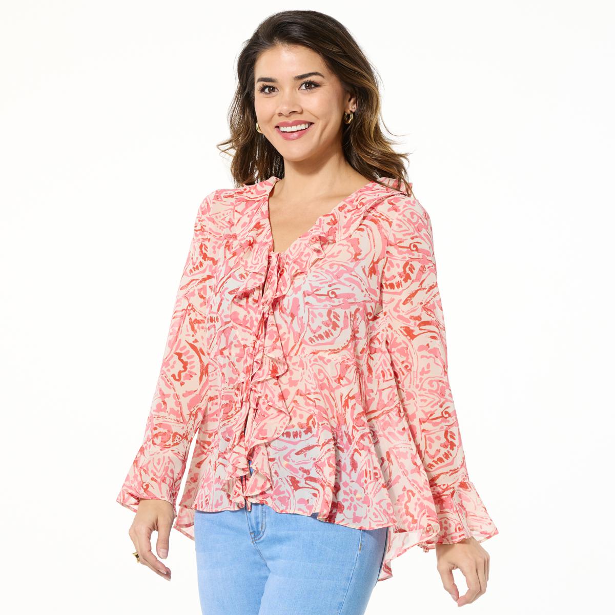 IMAN Global Chic Printed Flounce Tie-Front Blouse - 23418375 | HSN