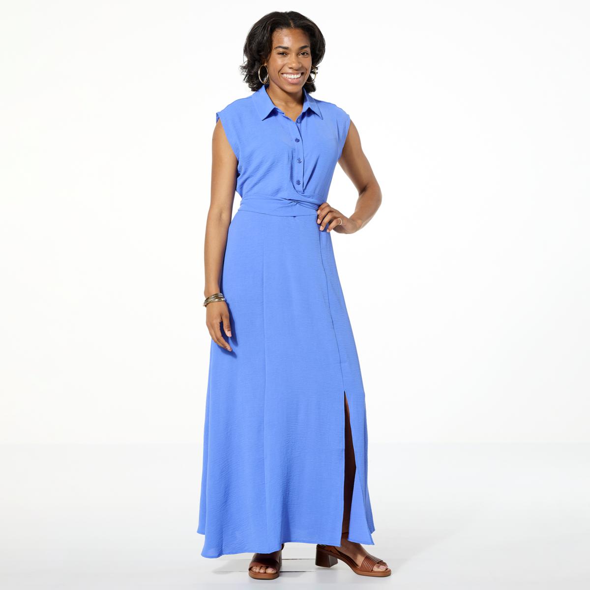 Nina Leonard Textured Wave Wrap Waist Maxi Dress | HSN