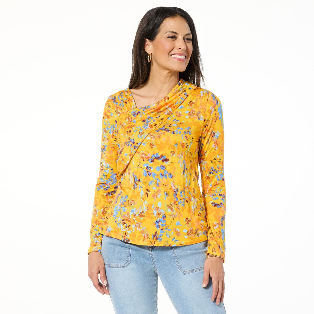 DG2 by Diane Gilman Printed Stretch Knit Asymmetric Neck Top - 23470179 ...