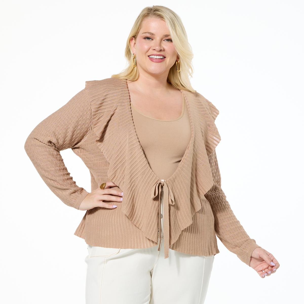 Nina Leonard Long Sleeve Ruffle Front Knit Cardigan | HSN