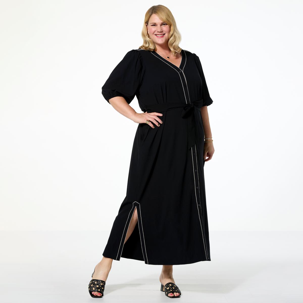 G by Giuliana Woven Embroidered Puff-Sleeve Midi Dress | HSN