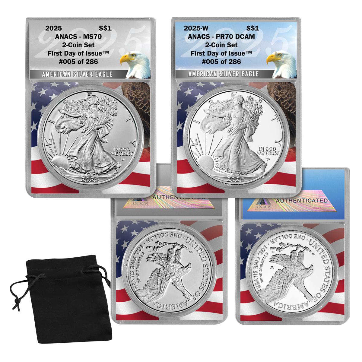 2025 MS70 and PR70 DCAM ANACS FDOI LE 286 Silver Eagle 2-Coin Set | HSN