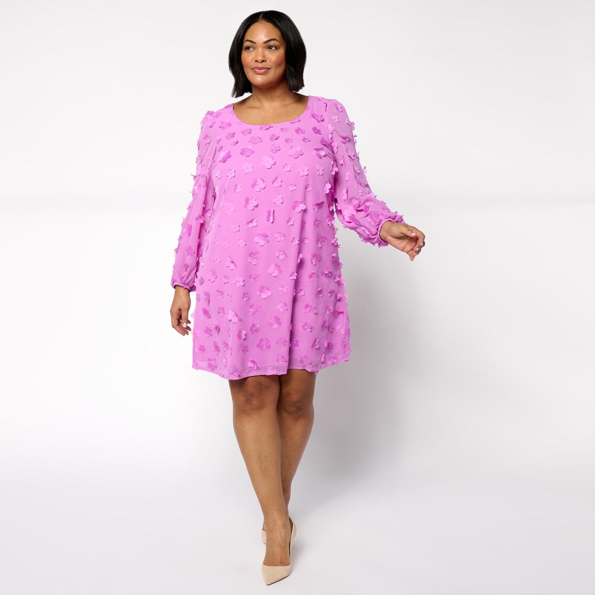 Nina Leonard Round Neck Long Balloon Sleeve Float Dress | HSN