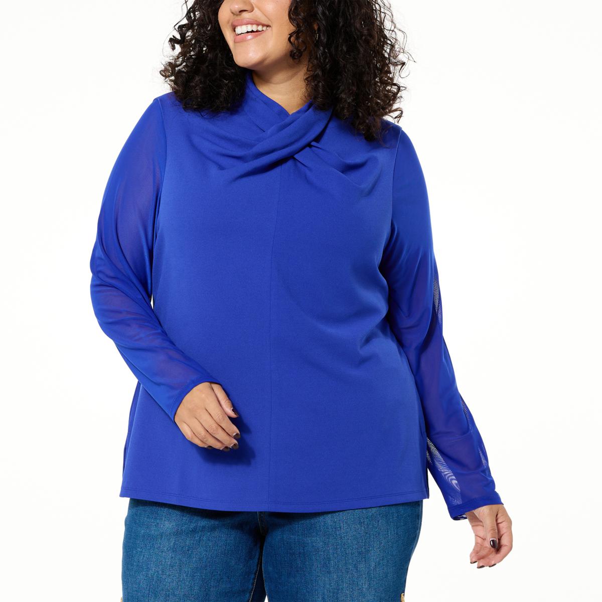 DG2 by Diane Gilman Cross Mock-Neck Crepe Knit Top with Mesh Sleeves ...