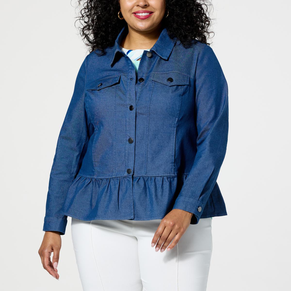Nina Leonard Denim Twill Flounce Jacket | HSN