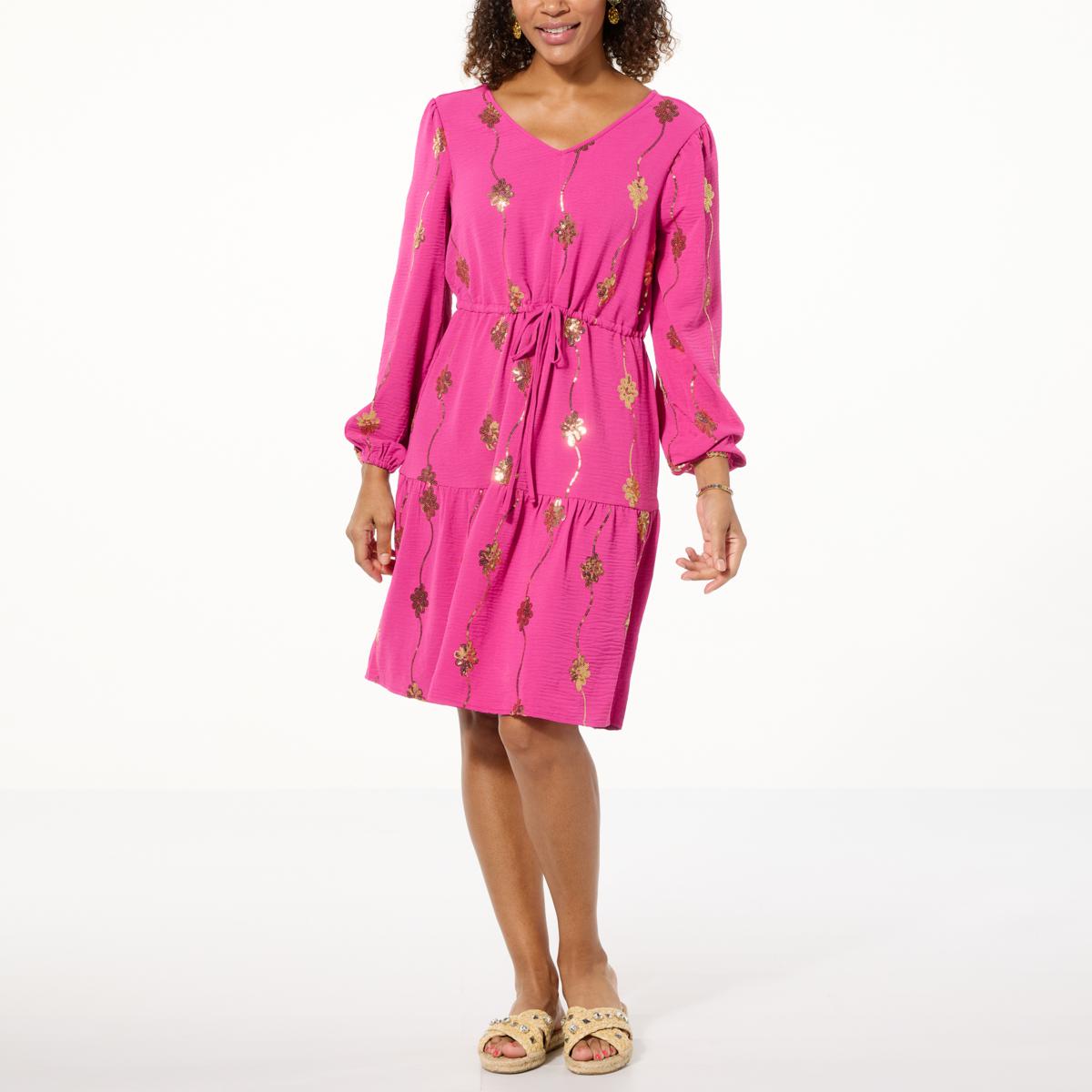 Nina Leonard Sequin Detail Textured Wave Dress | HSN